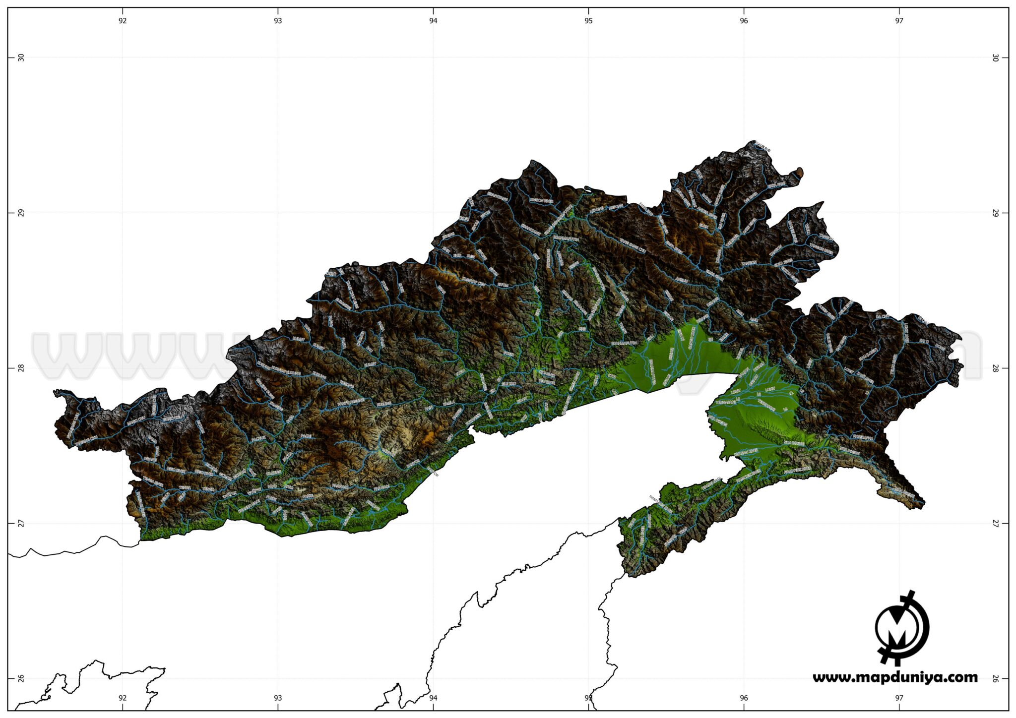 ARUNACHAL PRADESH Physical map with River Names – Maps Of India