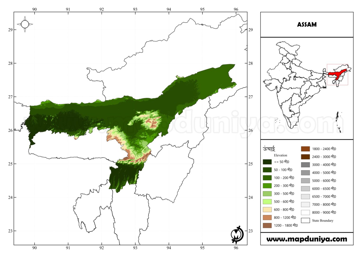 ASSAM Physical Map – www.mapduniya.com – Maps Of India