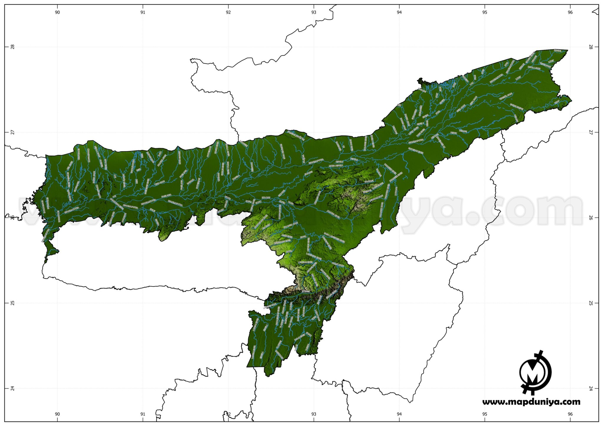 ASSAM Physical map with River Names – Maps Of India