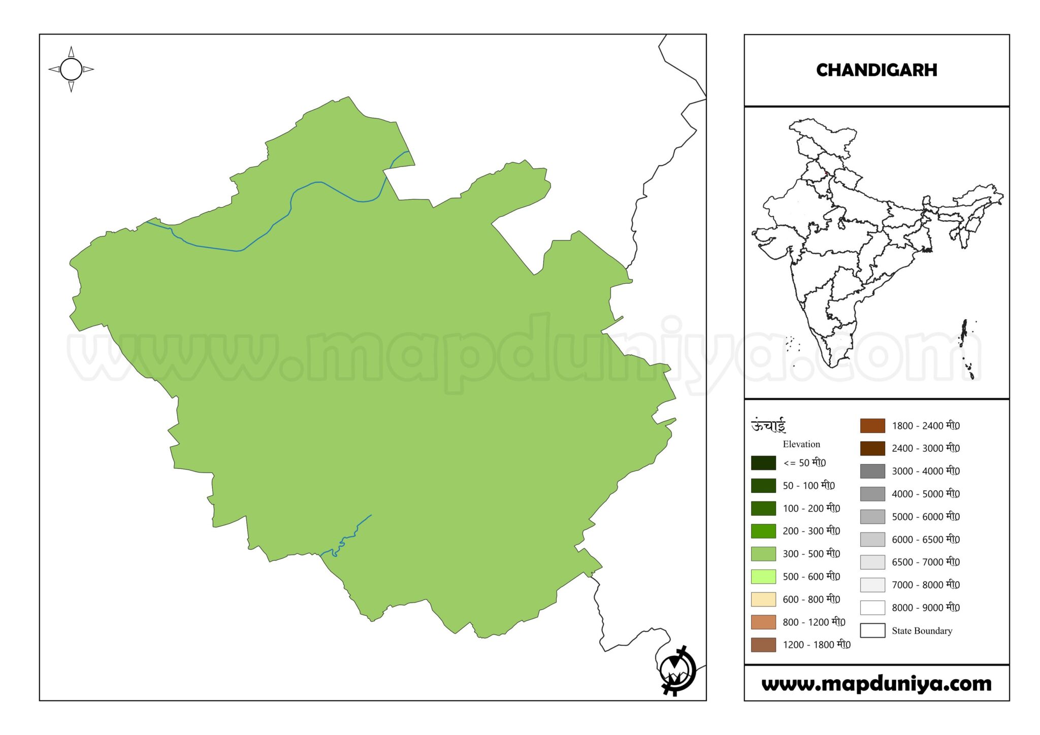 CHANDIGARH Physical Map With Rivers – www.mapduniya.com – Maps Of India