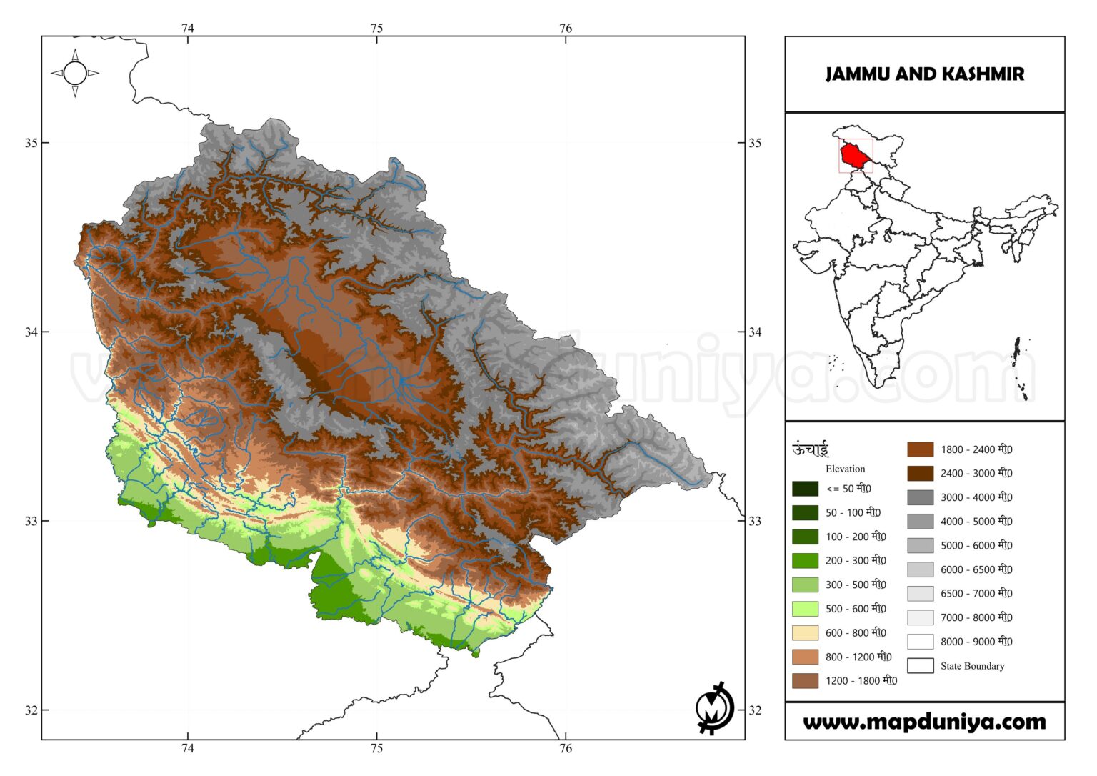 JAMMU AND KASHMIR Physical Map With Rivers – www.mapduniya.com – Maps ...
