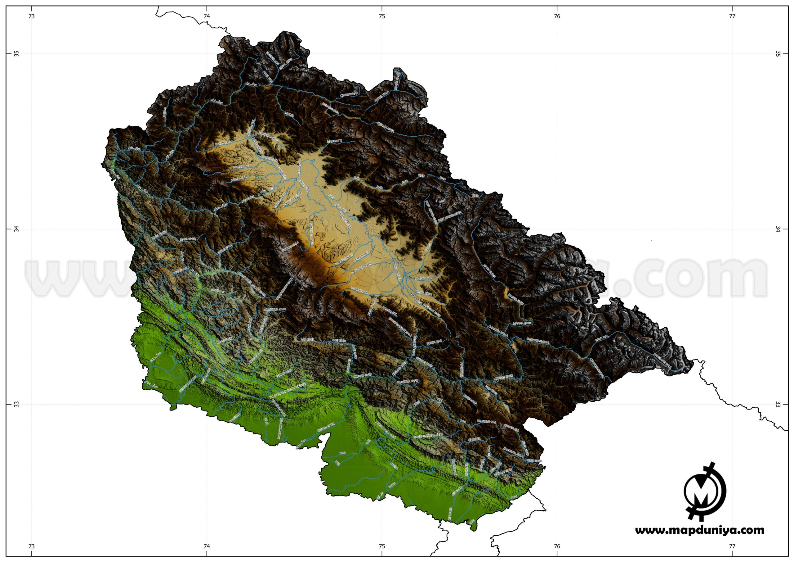 JAMMU AND KASHMIR Physical map with River Names – Maps Of India