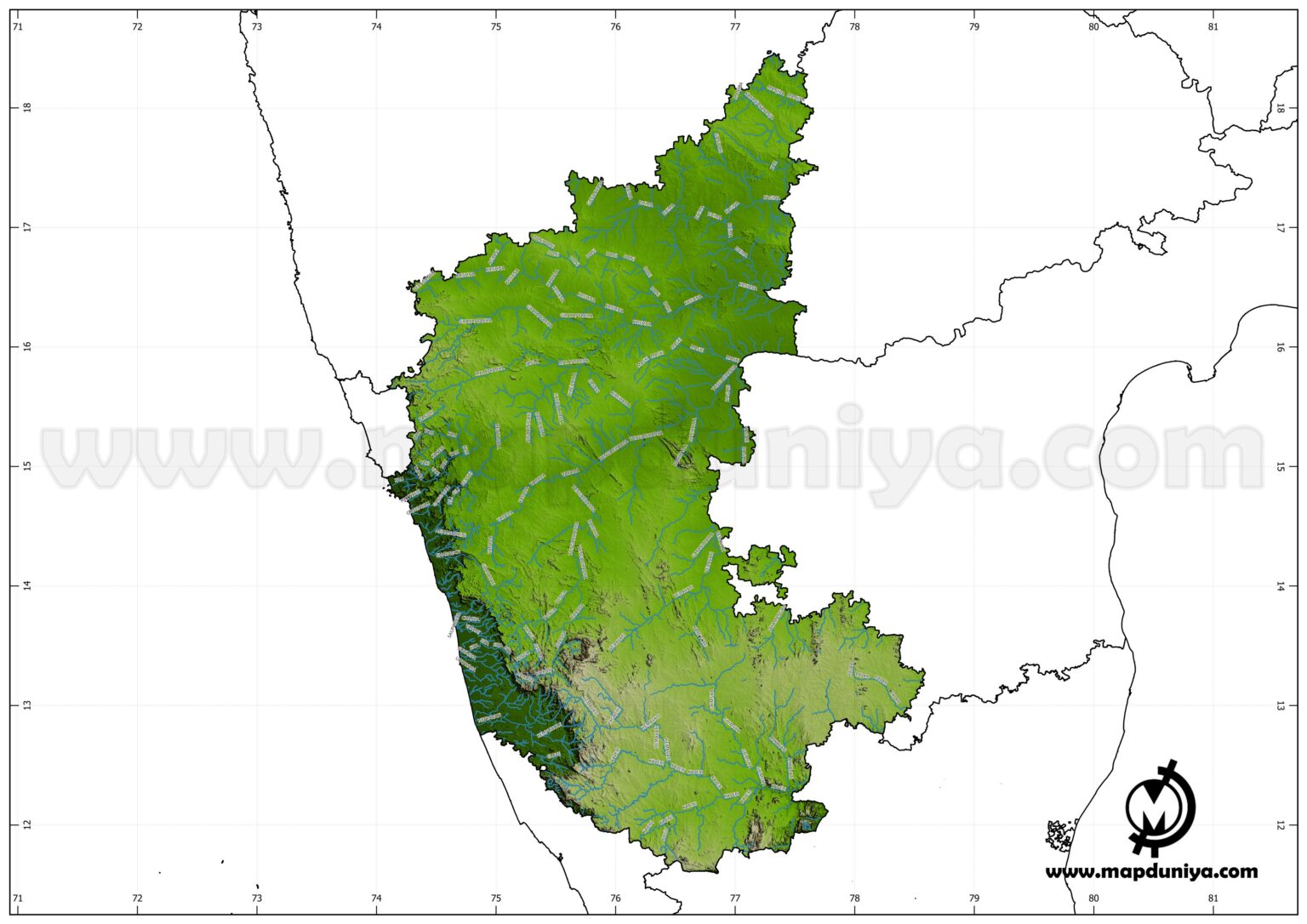 KARNATAKA Physical map with River Names – Maps Of India