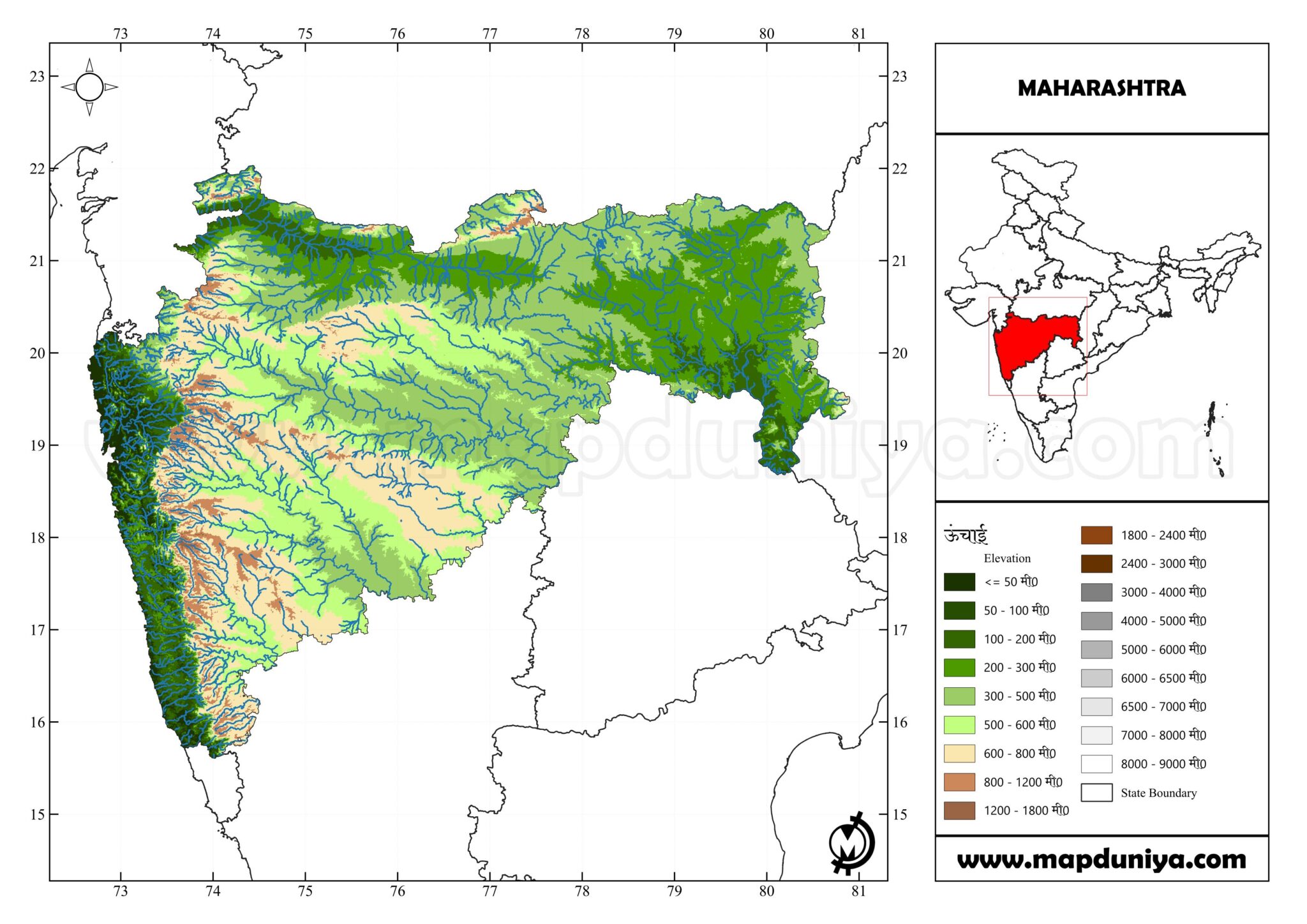 MAHARASHTRA Physical Map With Rivers – www.mapduniya.com – Maps Of India