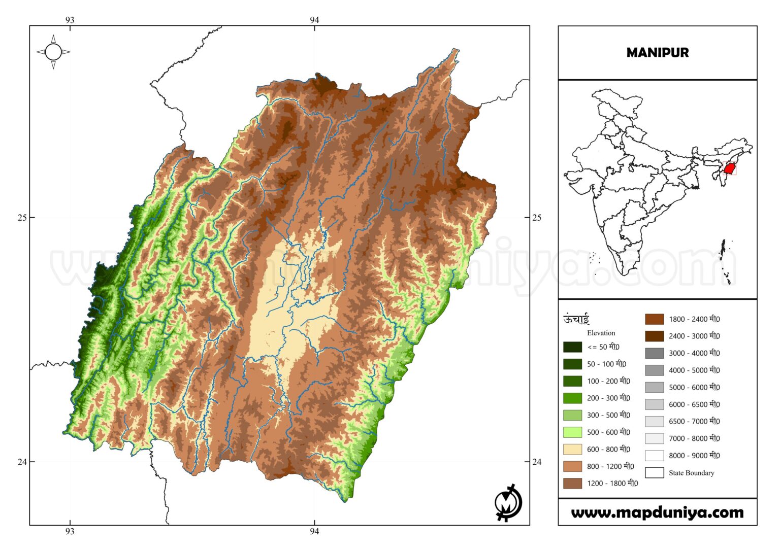 MANIPUR Physical Map With Rivers – www.mapduniya.com – Maps Of India