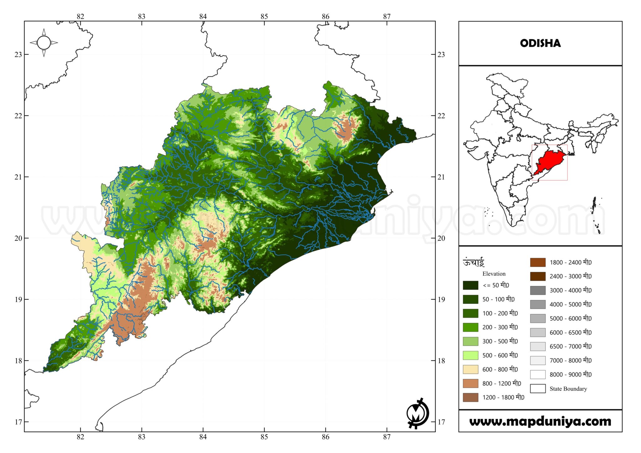 ODISHA Physical Map With Rivers – www.mapduniya.com – Maps Of India