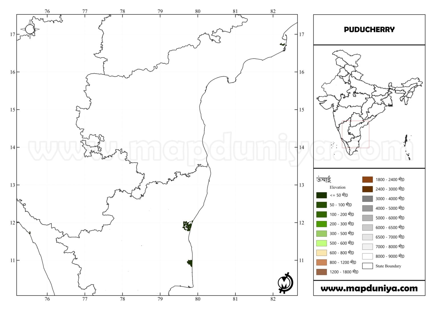 PUDUCHERRY Physical Map – www.mapduniya.com – Maps Of India