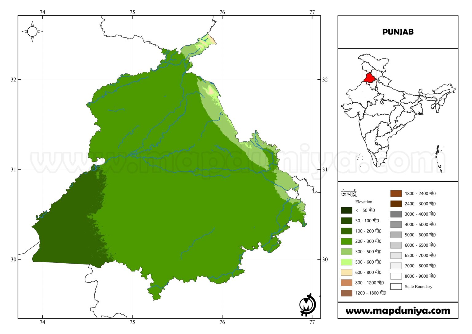 PUNJAB Physical Map With Rivers – www.mapduniya.com – Maps Of India
