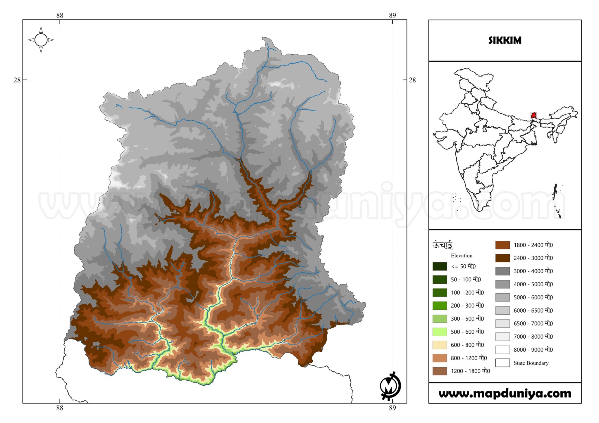 SIKKIM Physical Map With Rivers – www.mapduniya.com – Maps Of India